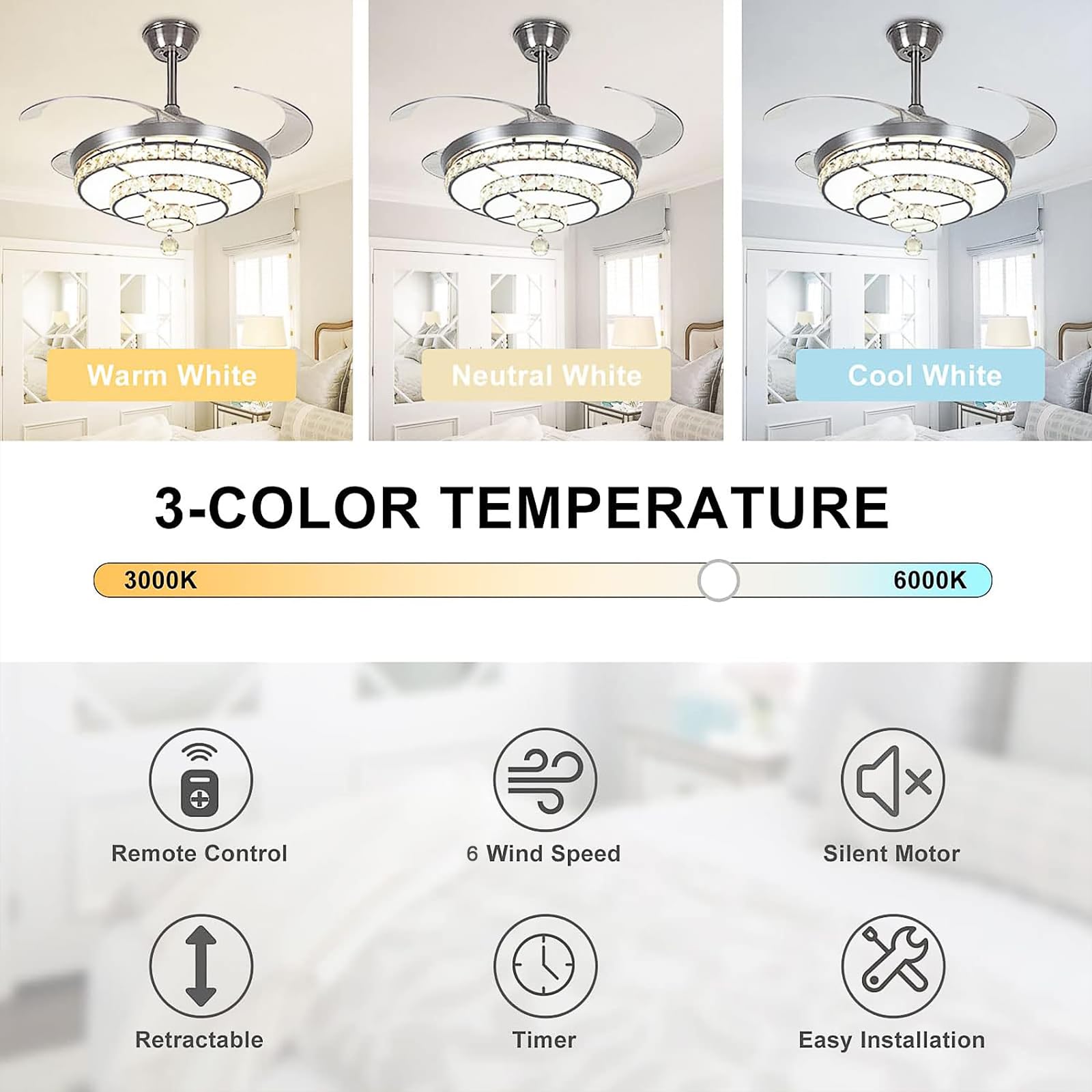 DLLT 42'' Crystal Ceiling Fan with Light, 36W Modern Reversible Ceiling Fan Remote, 3-Blade Retractable LED Fan Chandelier Indoor for Living Room, Bedroom, Dining Room, 3CCT 3000K-6000K, Nickel