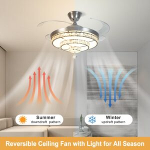 DLLT 42'' Crystal Ceiling Fan with Light, 36W Modern Reversible Ceiling Fan Remote, 3-Blade Retractable LED Fan Chandelier Indoor for Living Room, Bedroom, Dining Room, 3CCT 3000K-6000K, Nickel