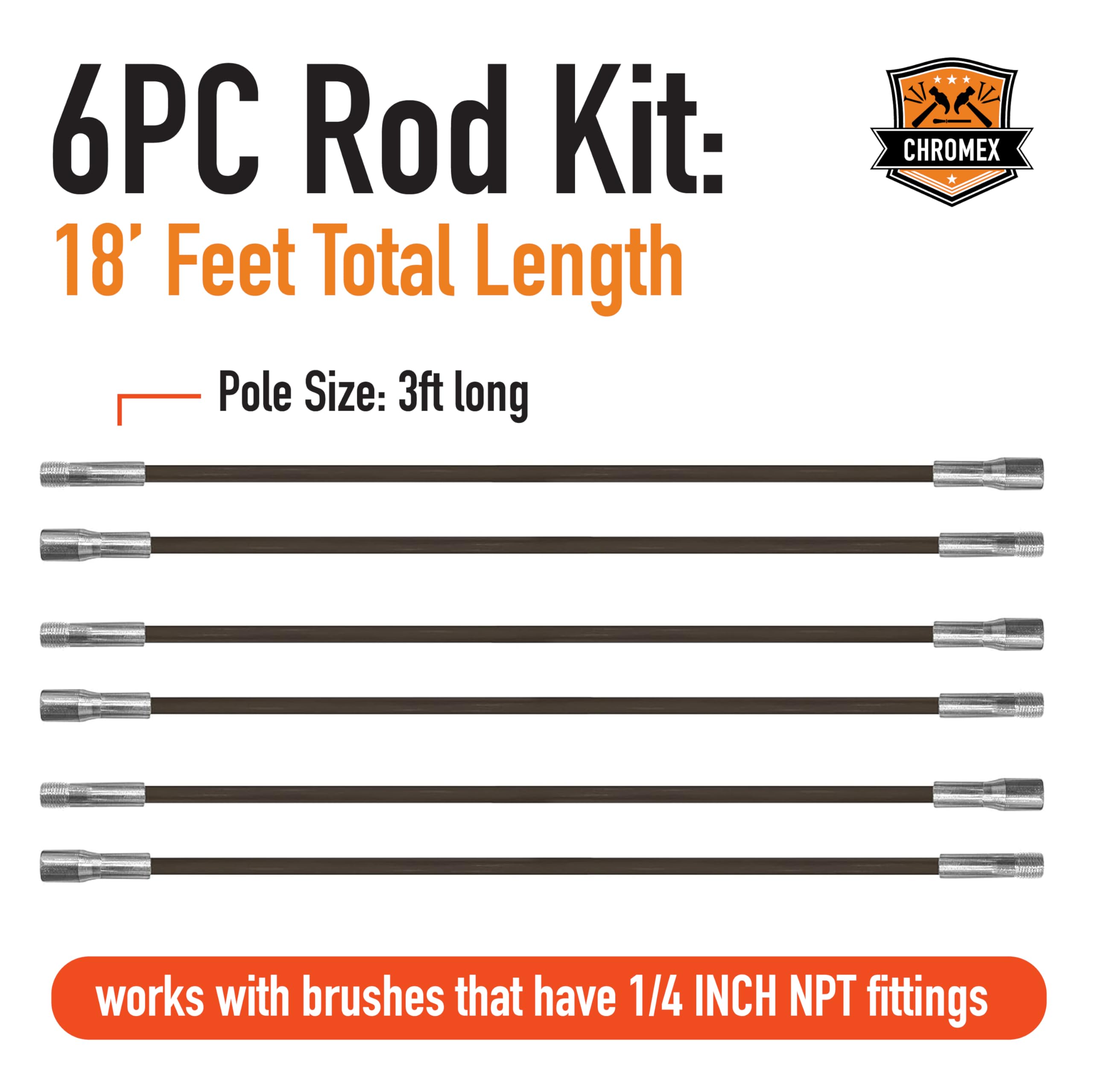 18-Foot Chimney Cleaning Kit - 6x3 Ft Fiberglass Rods, 6-Inch Premium Poly Brush, 1/4" NPT Fittings - Durable and Effective