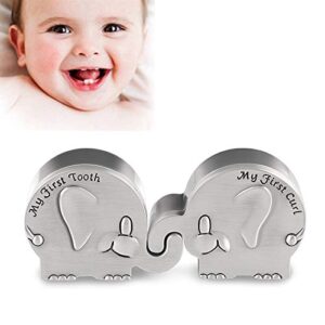 first curl and first tooth keepsake box for kids metallic engraved cute shape, silver tooth holder, great gift idea gift for babies to keep the childhood memory (elephant)