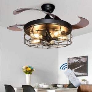 dllt ceiling fan with lights-42 industrial ceiling fan with retractable blades, vintage cage ceiling light fixture with remote for dining room, living room, 5 e26 bulbs not included, black