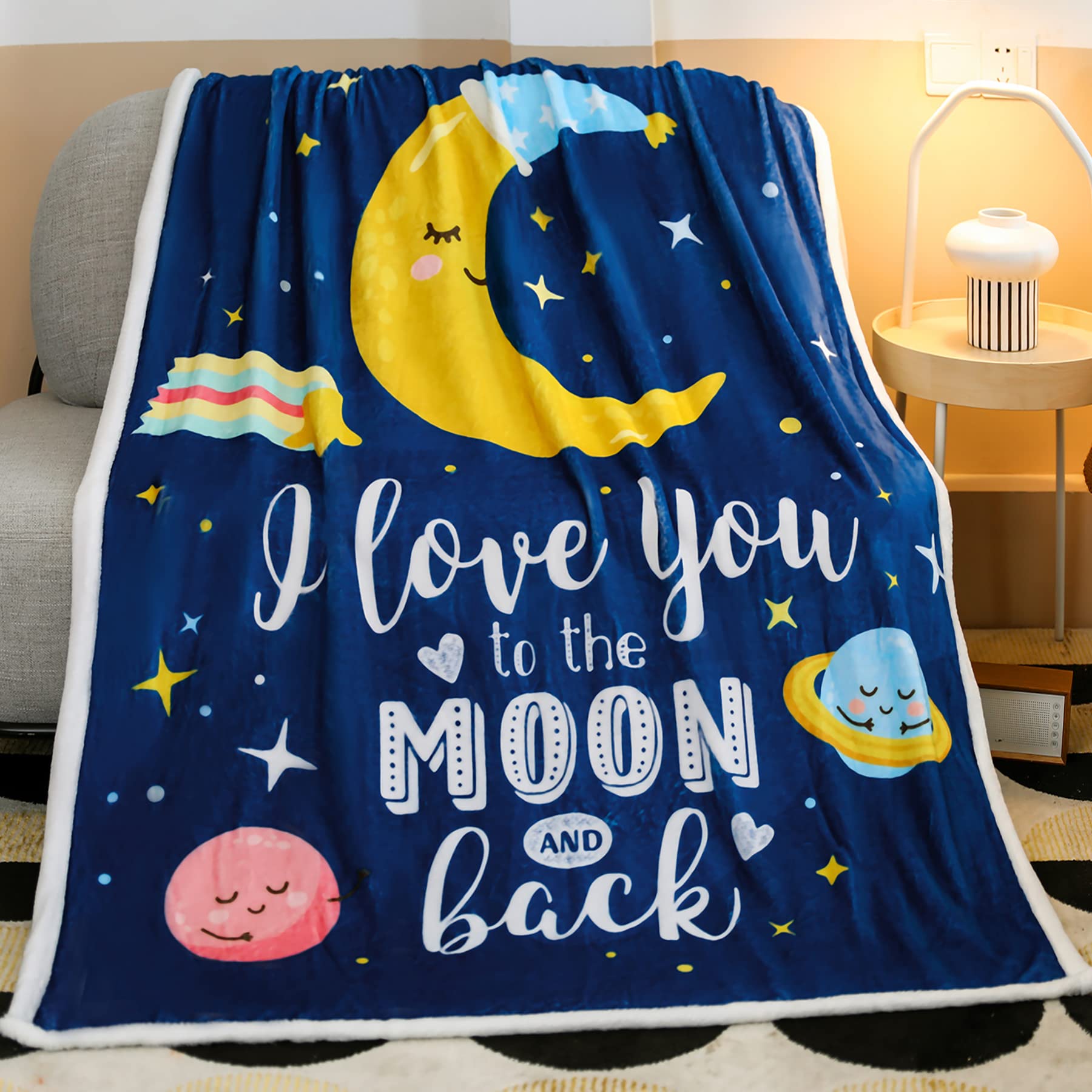 Moon Throw Blanket, I Love You to The Moon and Back Blanket Cute Cartoon Celestial Stars Throw Blanket Super Soft Gifts Throw for Kids and Adults (47" x 60")