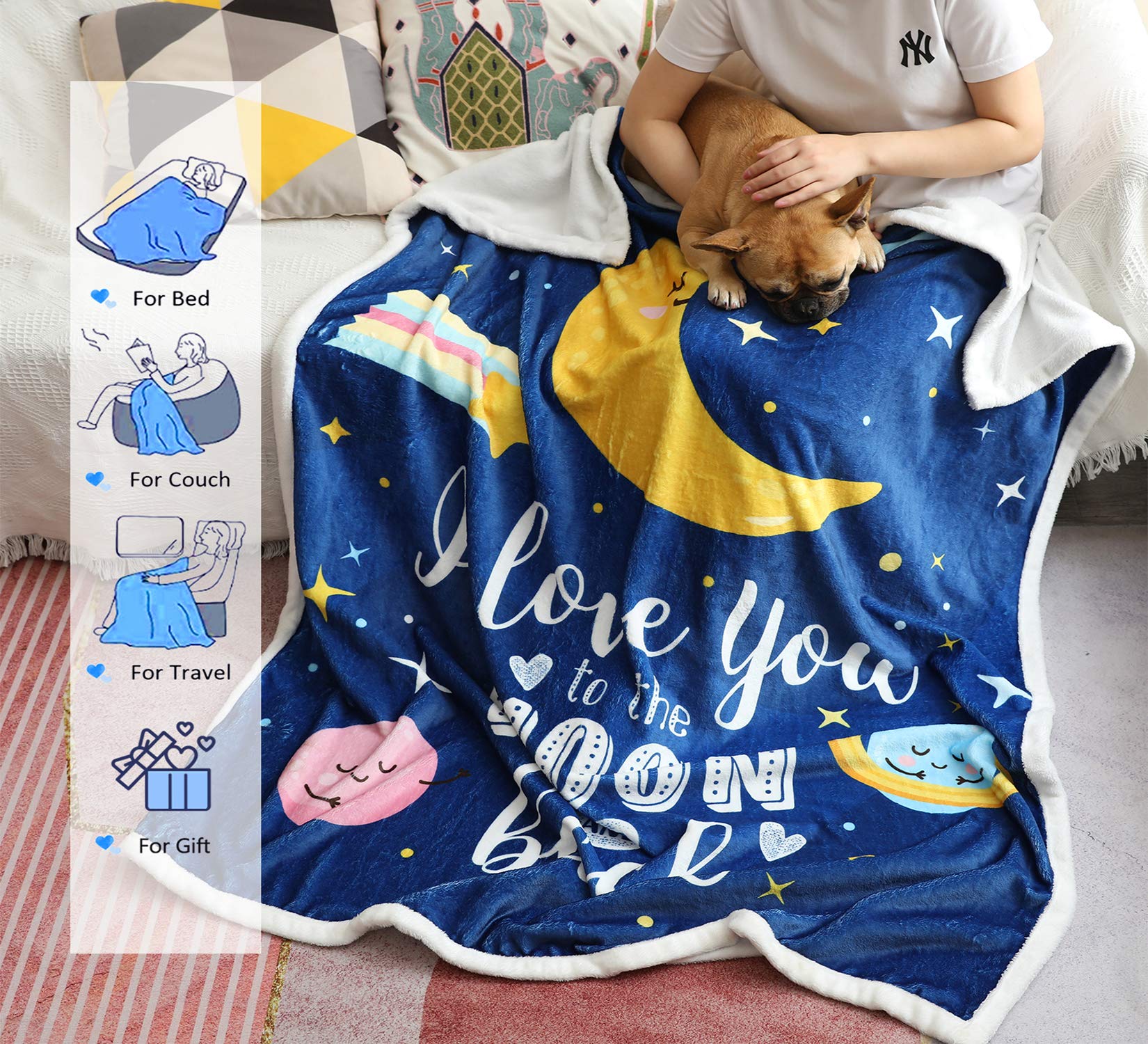 Moon Throw Blanket, I Love You to The Moon and Back Blanket Cute Cartoon Celestial Stars Throw Blanket Super Soft Gifts Throw for Kids and Adults (47" x 60")