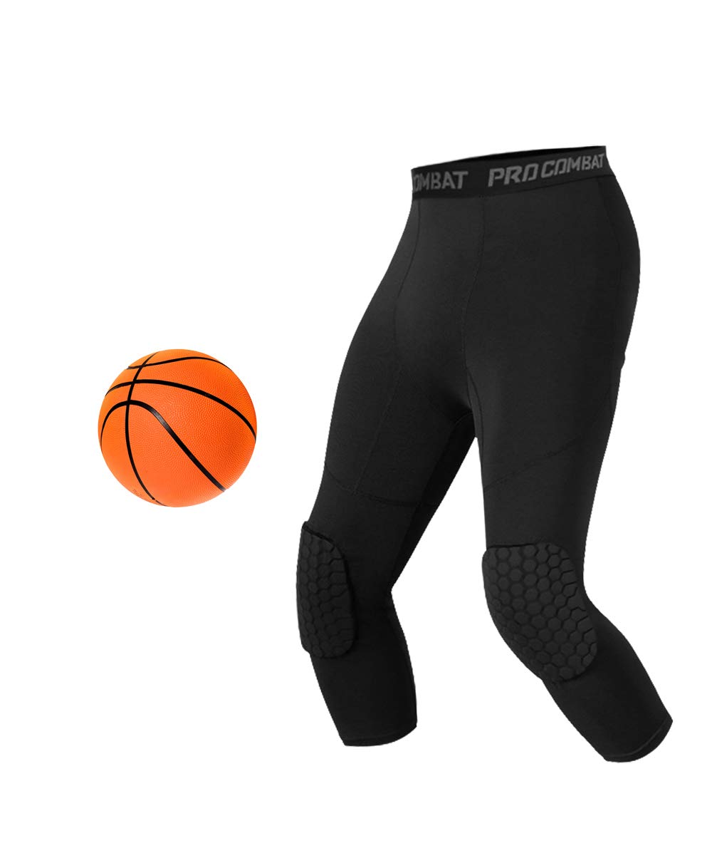 Unlimit Basketball Pants with Knee Pads, Black Basketball Knee Pads Within Basketball Compression Pants, 3/4 Capri Compression Tights Leggings for Youth, Men and Women (XL)