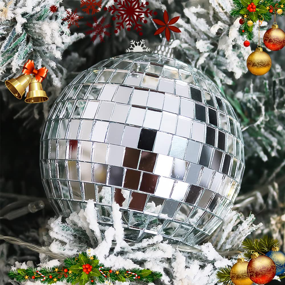 Boshen 10" Disco Mirror Ball with Hanging Ring Silver Party Disco Ball Light for Party Xmas DJ Stage Lighting Effect