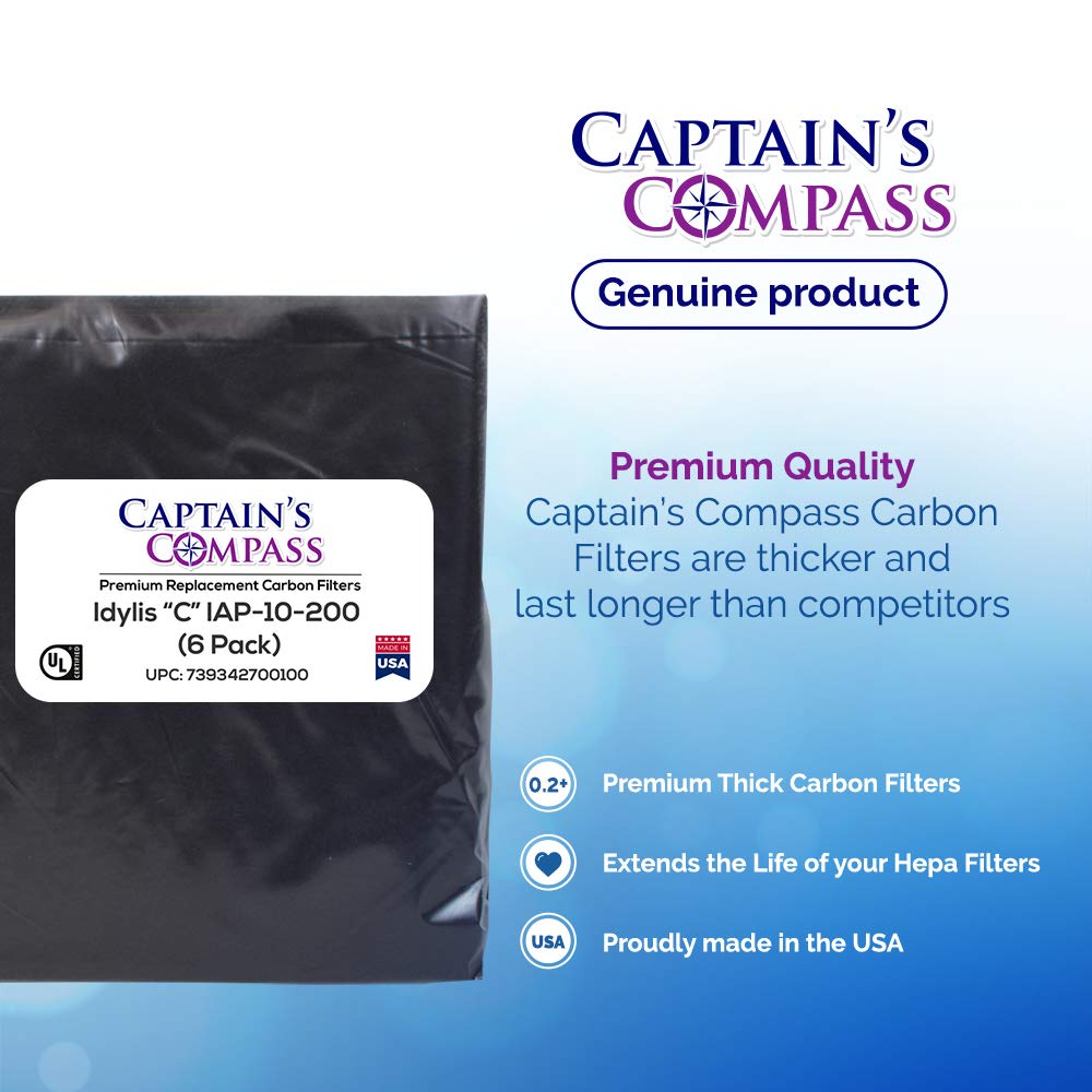 Captain's Compass Aftermarket 6 pack Idylis C Carbon Filter, Fits Idylis Air Purifiers IAP-10-200 & IAP-10-280, Model # IAFH100C, IAF-H-100C & 302656