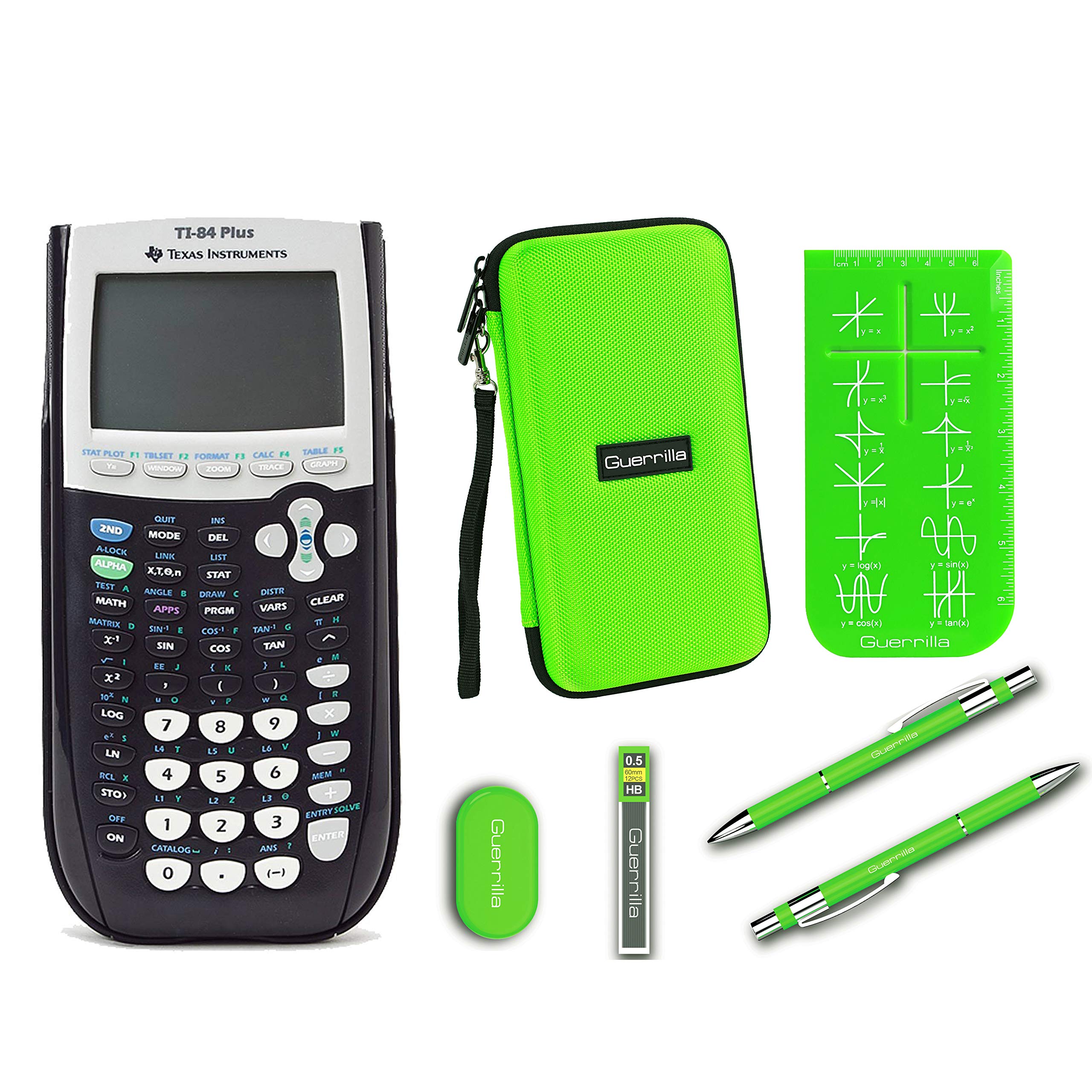 Texas Instruments TI-84 Plus Graphing Calculator + Guerrilla Zipper Case + Essential Graphing Calculator Accessory Kit (Green)