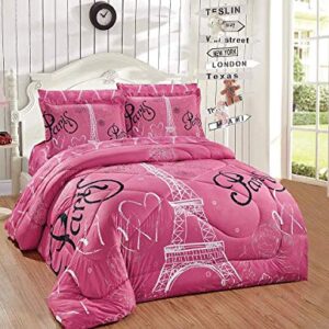 Luxury Home Collection Kids/Teens/Girls 7 Piece Full Size Comforter Bedding Set/Bed in A Bag with Sheets Floral Paris Eiffel Tower Flowers Hearts White Pink Black (Pink, Full Comforter)