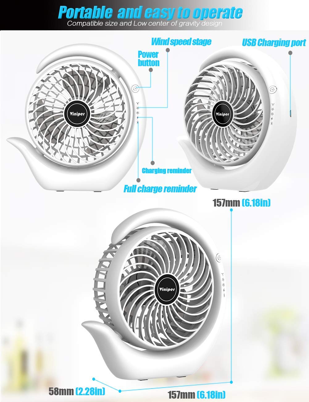 Viniper Portable Rechargeable Fan, Small Desk Fan : 3 Speeds & about 8-24 Hours Longer Working, 180 Rotation, Portable Battery Desktop Fan for Home/Office (Black, Light Black Blade)6.2 inch