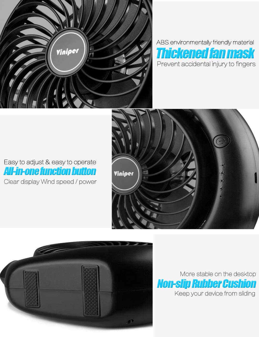 Viniper Portable Rechargeable Fan, Small Desk Fan : 3 Speeds & about 8-24 Hours Longer Working, 180 Rotation, Portable Battery Desktop Fan for Home/Office (Black, Light Black Blade)6.2 inch