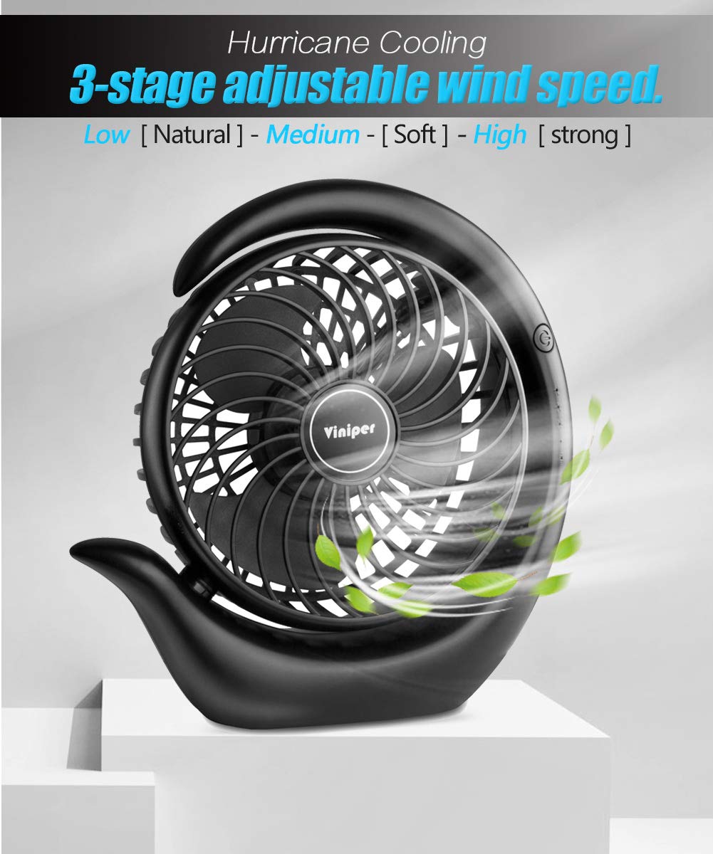 Viniper Portable Rechargeable Fan, Small Desk Fan : 3 Speeds & about 8-24 Hours Longer Working, 180 Rotation, Portable Battery Desktop Fan for Home/Office (Black, Light Black Blade)6.2 inch