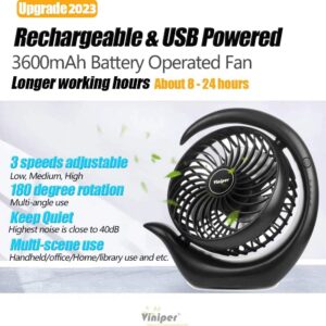 Viniper Portable Rechargeable Fan, Small Desk Fan : 3 Speeds & about 8-24 Hours Longer Working, 180 Rotation, Portable Battery Desktop Fan for Home/Office (Black, Light Black Blade)6.2 inch