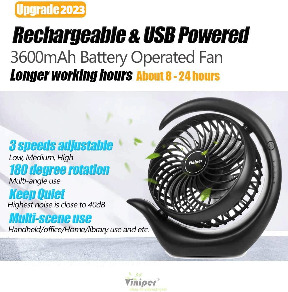 Viniper Portable Rechargeable Fan, Small Desk Fan : 3 Speeds & about 8-24 Hours Longer Working, 180 Rotation, Portable Battery Desktop Fan for Home/Office (Black, Light Black Blade)6.2 inch