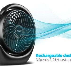 Viniper Portable Rechargeable Fan, Small Desk Fan : 3 Speeds & about 8-24 Hours Longer Working, 180 Rotation, Portable Battery Desktop Fan for Home/Office (Black, Light Black Blade)6.2 inch