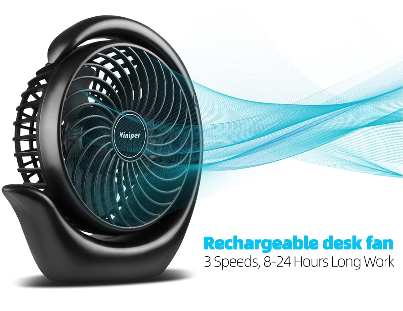 Viniper Portable Rechargeable Fan, Small Desk Fan : 3 Speeds & about 8-24 Hours Longer Working, 180 Rotation, Portable Battery Desktop Fan for Home/Office (Black, Light Black Blade)6.2 inch