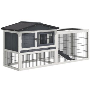 pawhut rabbit hutch, 2 story outdoor bunny cage with slide-out tray, run cage, openable top for rabbits, guinea pig, dark gray