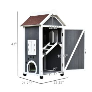 PawHut 43" H Wooden Cat House Outdoor with Hammock, Weatherproof 3-Floor Feral Cat Shelter with Escape Doors, Asphalt Roof, Inside Ladders, Gray