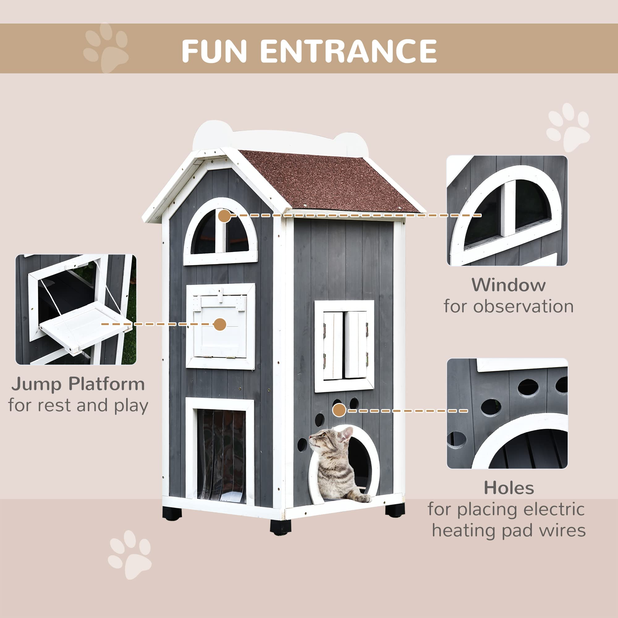 PawHut 43" H Wooden Cat House Outdoor with Hammock, Weatherproof 3-Floor Feral Cat Shelter with Escape Doors, Asphalt Roof, Inside Ladders, Gray