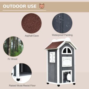 PawHut 43" H Wooden Cat House Outdoor with Hammock, Weatherproof 3-Floor Feral Cat Shelter with Escape Doors, Asphalt Roof, Inside Ladders, Gray