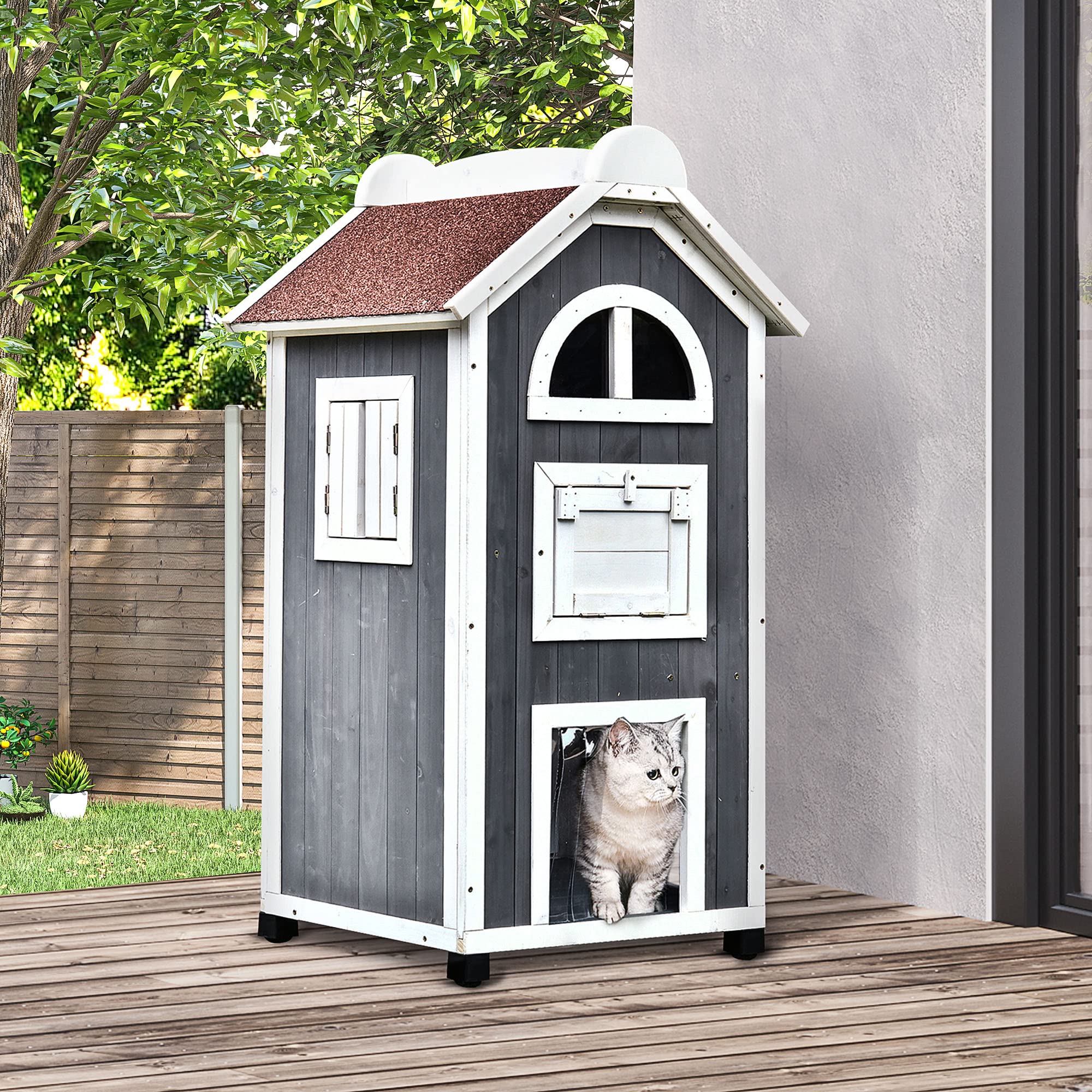 PawHut 43" H Wooden Cat House Outdoor with Hammock, Weatherproof 3-Floor Feral Cat Shelter with Escape Doors, Asphalt Roof, Inside Ladders, Gray