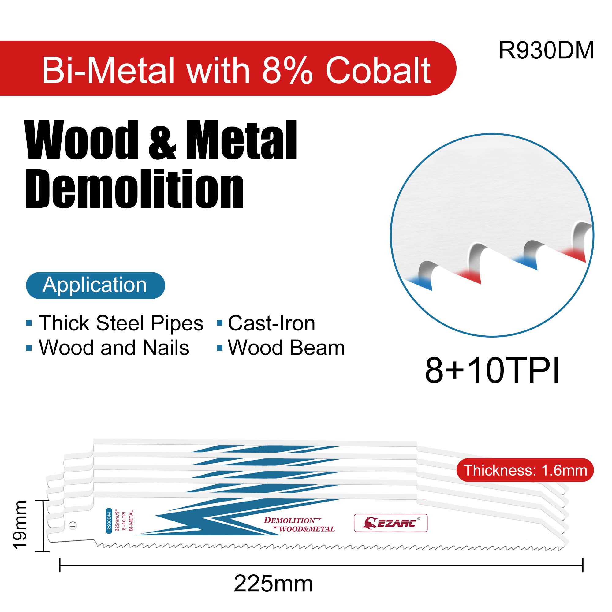 EZARC Reciprocating Saw Blade Bi-Metal Cobalt Sabre Saw Blades for Wood and Metal Demolition 9-inch 8+10TPI R930DM (5-Pack)