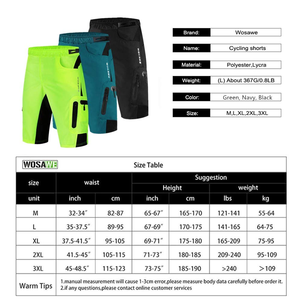 WOSAWE Mens Padded Cycling Shorts Loose-Fit Breathable Mountain Bike 2 in 1 Shorts, Blue XXL