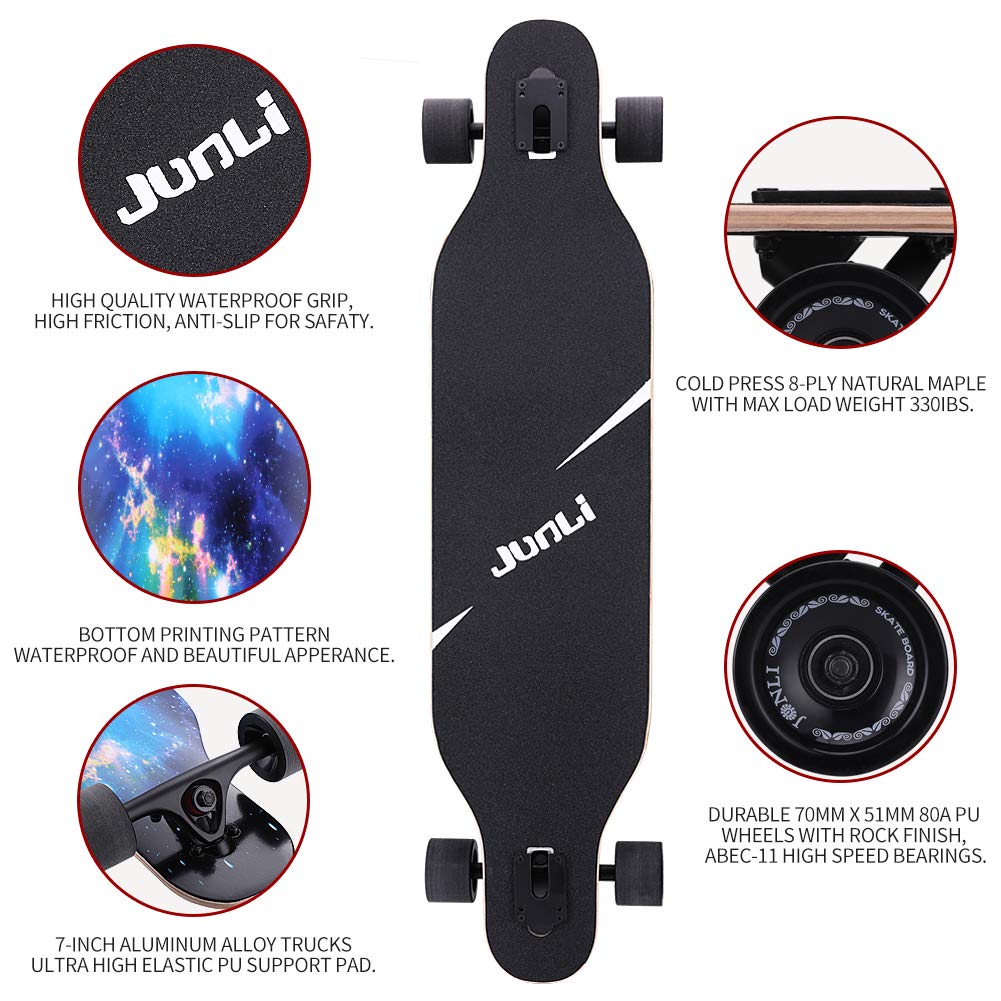 Junli 41 Inch Freeride Skateboard Longboard - Complete Skateboard Cruiser for Cruising, Carving, Free-Style and Downhill Starlit Night