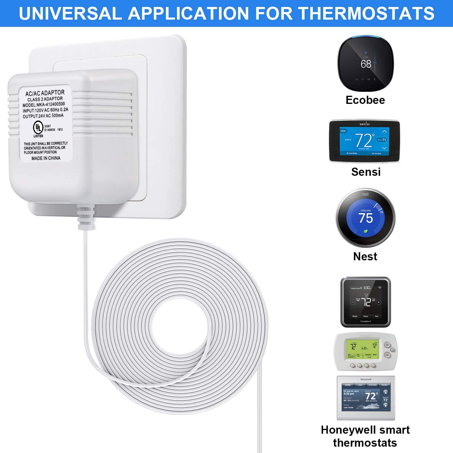 Hotop C Wire Adapter 24 Volt Transformer Compatible with Nest Honeywell Ecobee Emerson Sensi Smart WiFi (White)