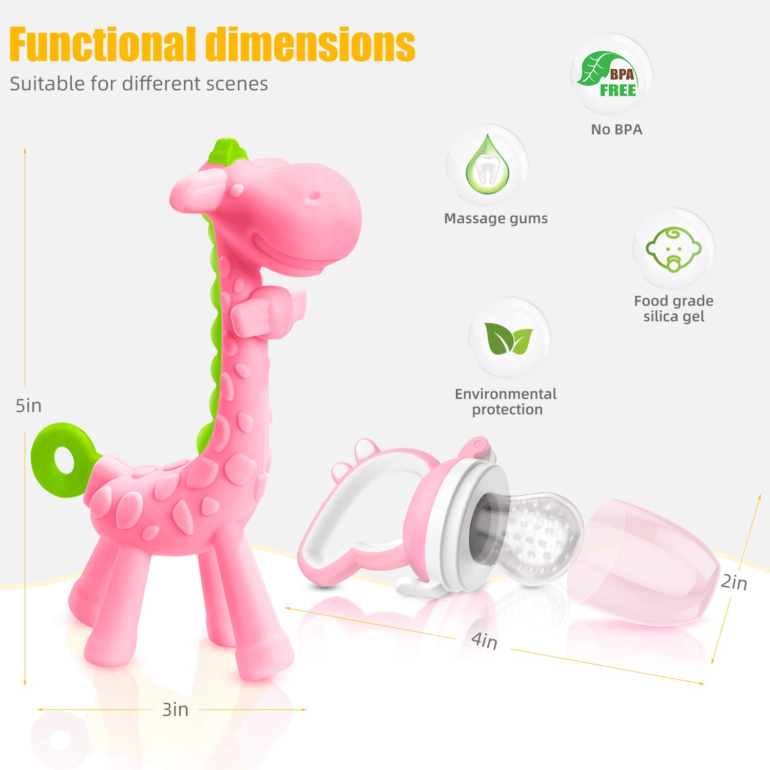 SHARE&CARE Baby Teething Toys for Girls and Natural Organic Fruit Feeder Pacifier/Baby Teether Chew Toys Fresh Food Feeder/ 1 Teethers and 1 Feeder with 3 Silicone Sacs(Pink)