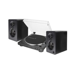 audio-technica at-lp60x fully automatic belt-drive stereo turntable with built-in preamp and usb output vinyl playback bundle with 3-inch powered studio monitors pair (black) (3 items)