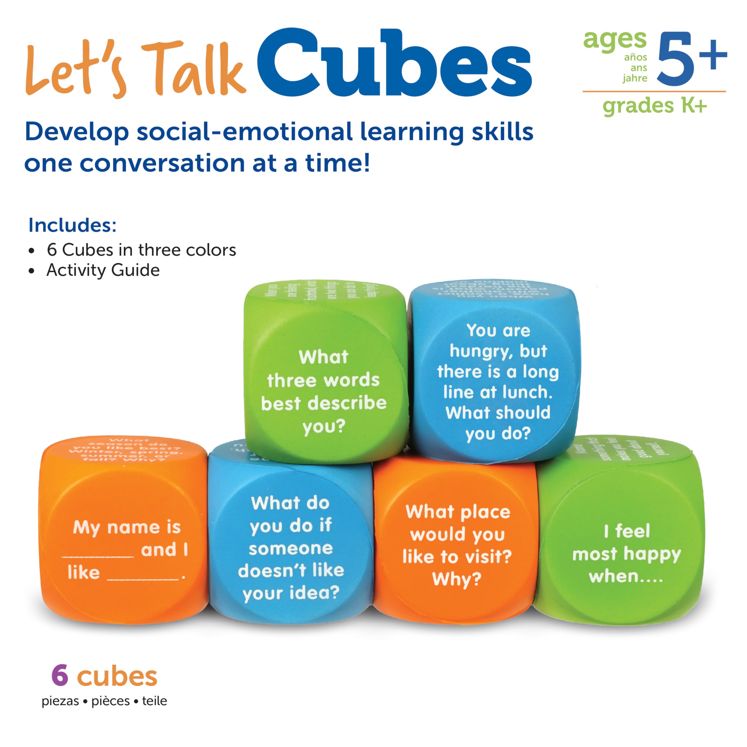 Learning Resources Let's Talk! Cubes, 6 Cubes with 36 Prompts, Ages 5+,Conversation Cubes, SEL & Autism Therapy,Back to School Supplies,Teacher Supplies