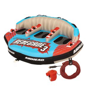 airhead ahre-503 renegade big 3 person inflatable towable water tube seat rider boating tubing kit with boat pull rope and pump for kids and adults