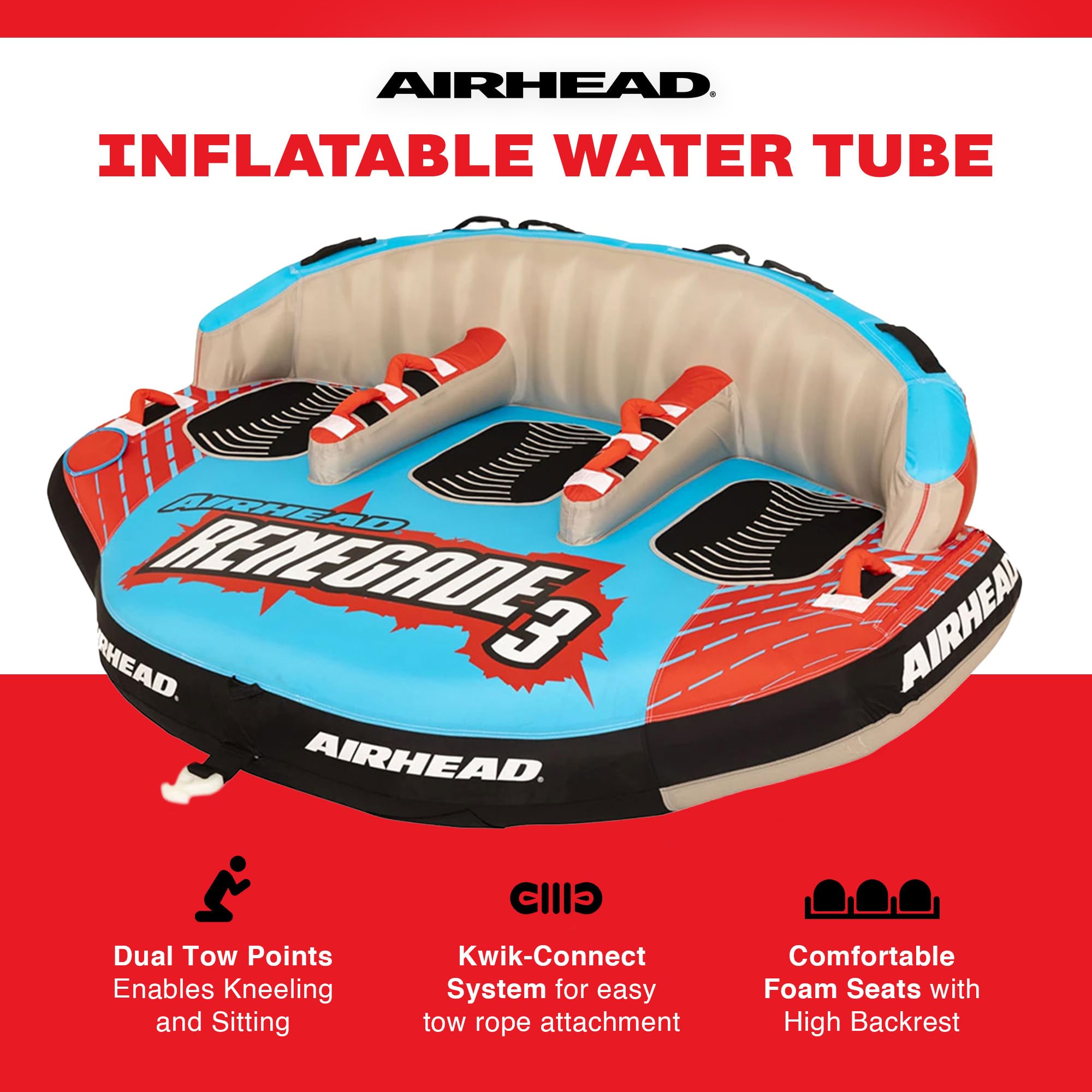 Airhead AHRE-503 Renegade Big 3 Person Inflatable Towable Water Tube Seat Rider Boating Tubing Kit with Boat Pull Rope and Pump for Kids and Adults