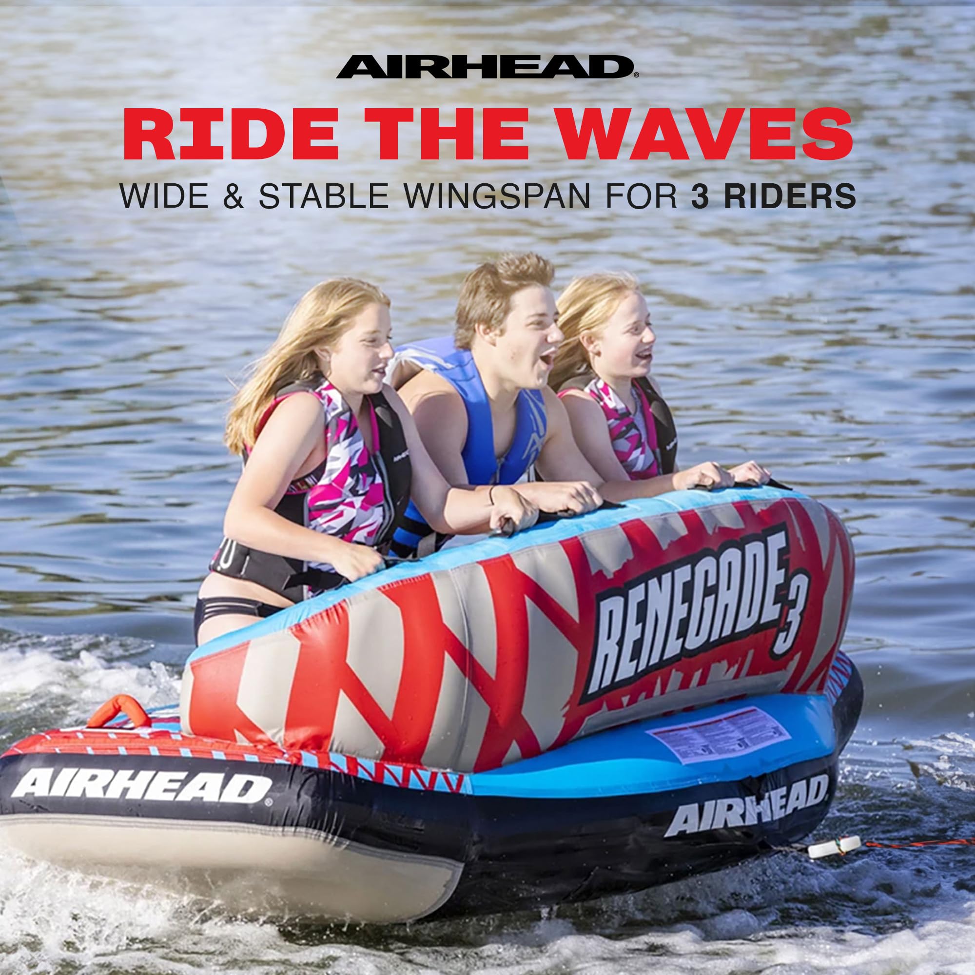 Airhead AHRE-503 Renegade Big 3 Person Inflatable Towable Water Tube Seat Rider Boating Tubing Kit with Boat Pull Rope and Pump for Kids and Adults