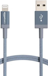 amazon basics usb-a to lightning charger cable, nylon braided cord, mfi certified charger for apple iphone 14 13 12 11 x xs pro, pro max, plus, ipad, 6 foot, dark gray