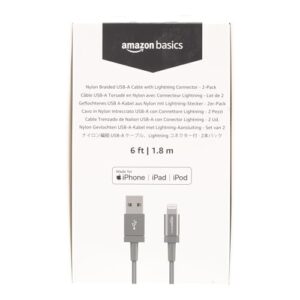 Amazon Basics 2-Pack USB-A to Lightning Charger Cable, Nylon Braided Cord, MFi Certified Charger for Apple iPhone 14 13 12 11 X Xs Pro, Pro Max, Plus, iPad, 6 Foot, Dark Gray