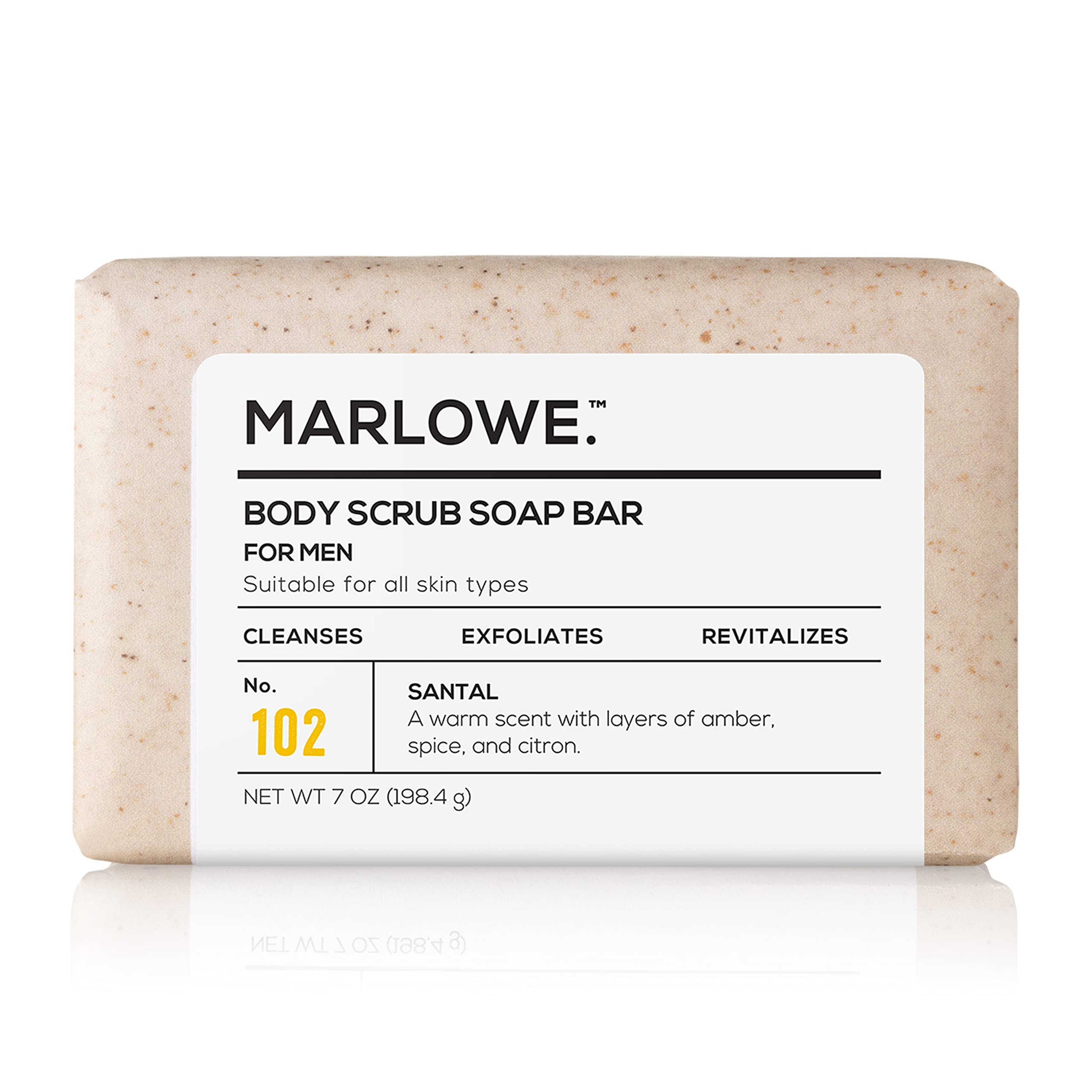 MARLOWE. No. 102 Men's Body Scrub Soap 7 oz, Warm Santal Scent, Best Exfoliating Bar for Men, Made with Natural Ingredients, Apricot Seed Powder, Shea Butter, Olive Oil, Green Tea Extracts