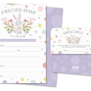 Koko Paper Co Sweet Little Bunny Baby Shower Invitations and Diaper Raffle Tickets | Pack of 25 Fill-in Invitations, Diaper Raffle Tickets and Envelopes | Printed on Heavy Card Stock.