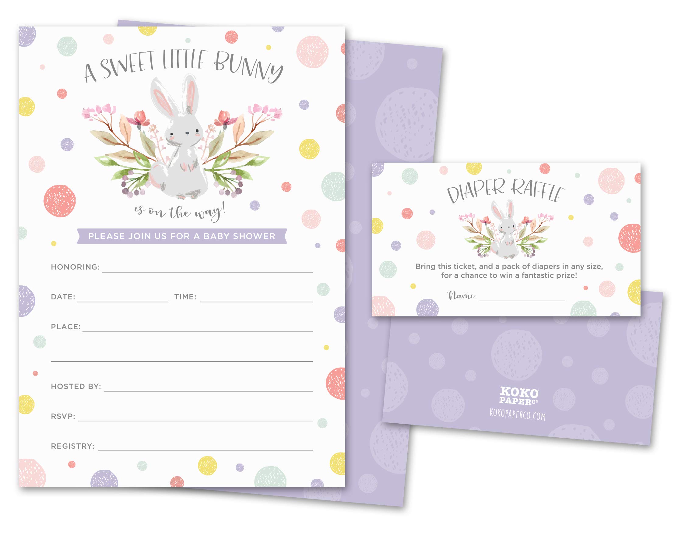 Koko Paper Co Sweet Little Bunny Baby Shower Invitations and Diaper Raffle Tickets | Pack of 25 Fill-in Invitations, Diaper Raffle Tickets and Envelopes | Printed on Heavy Card Stock.