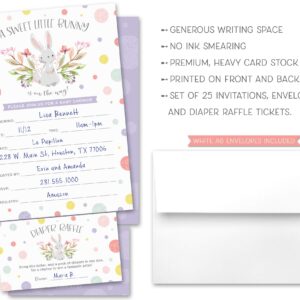 Koko Paper Co Sweet Little Bunny Baby Shower Invitations and Diaper Raffle Tickets | Pack of 25 Fill-in Invitations, Diaper Raffle Tickets and Envelopes | Printed on Heavy Card Stock.