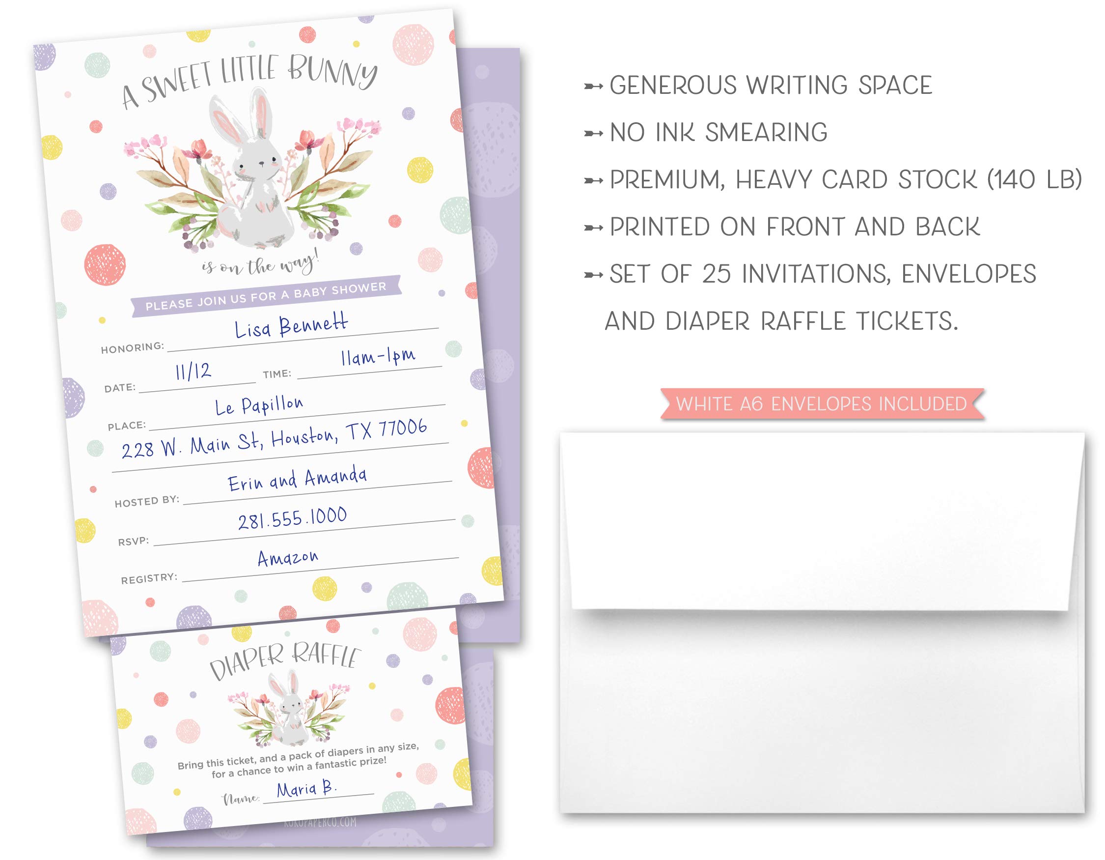 Koko Paper Co Sweet Little Bunny Baby Shower Invitations and Diaper Raffle Tickets | Pack of 25 Fill-in Invitations, Diaper Raffle Tickets and Envelopes | Printed on Heavy Card Stock.