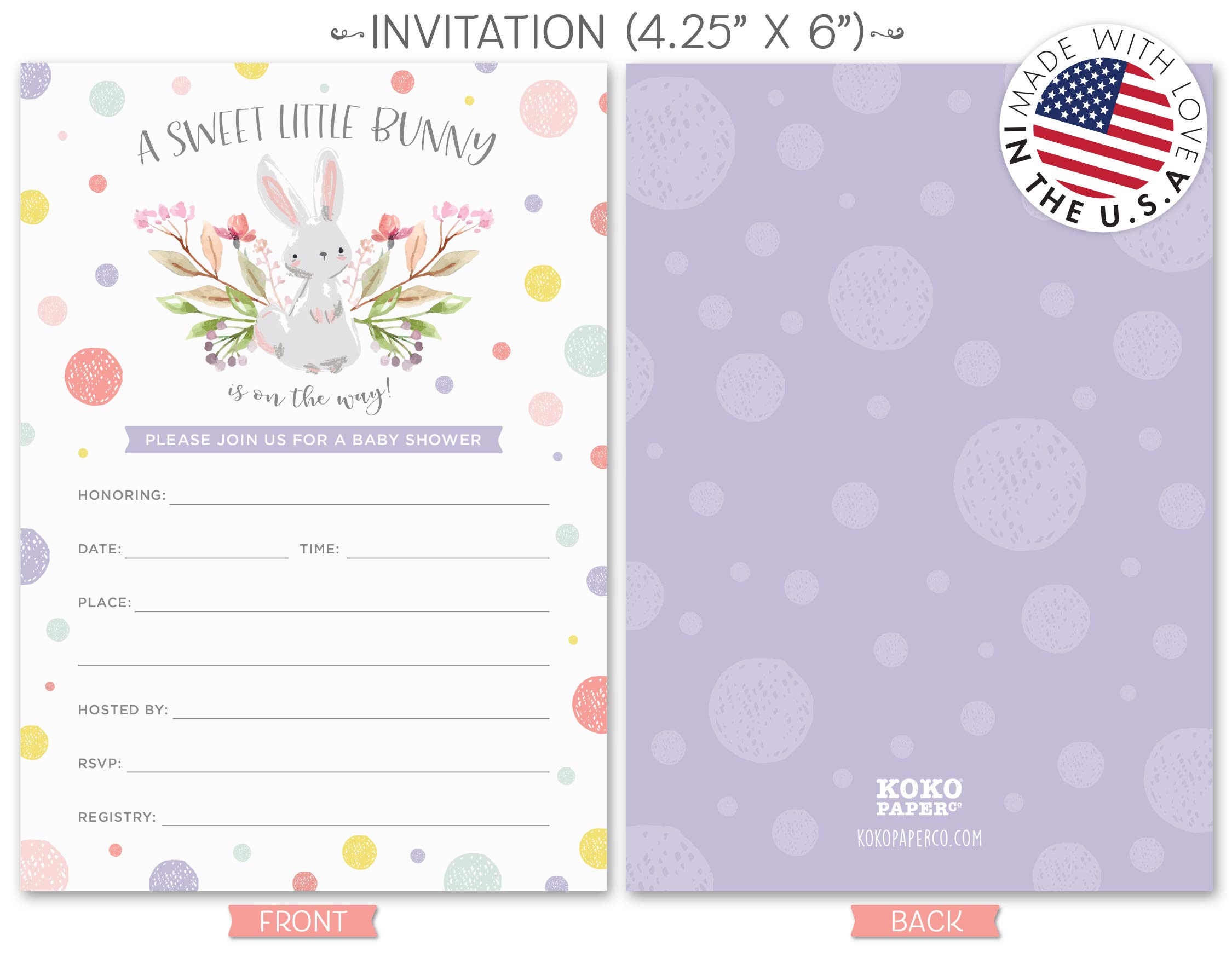 Koko Paper Co Sweet Little Bunny Baby Shower Invitations and Diaper Raffle Tickets | Pack of 25 Fill-in Invitations, Diaper Raffle Tickets and Envelopes | Printed on Heavy Card Stock.