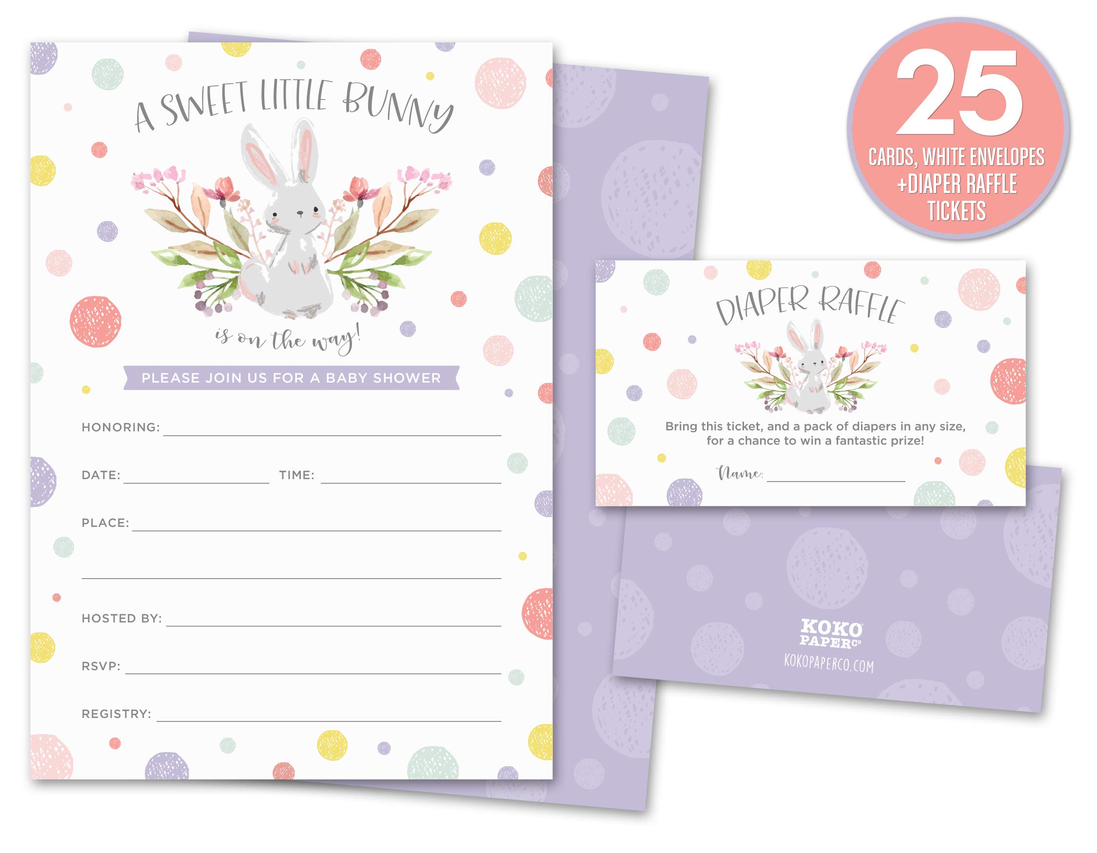 Koko Paper Co Sweet Little Bunny Baby Shower Invitations and Diaper Raffle Tickets | Pack of 25 Fill-in Invitations, Diaper Raffle Tickets and Envelopes | Printed on Heavy Card Stock.