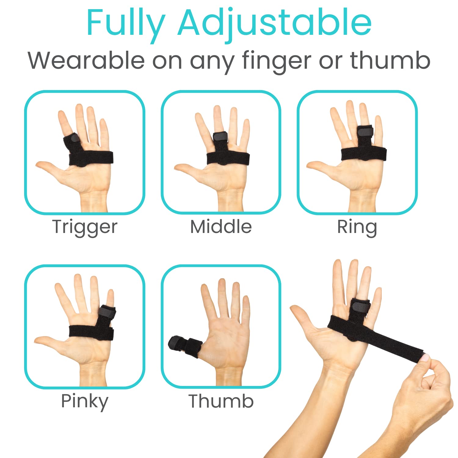 Vive Trigger Finger Splint Brace - Middle, Pinky, Pointer, Ring and Thumb Support - Palm Strap Included - Straighten Curved or Broken Fingers - Adjustable, Breathable Fit - Aluminum Pain Relief Guard