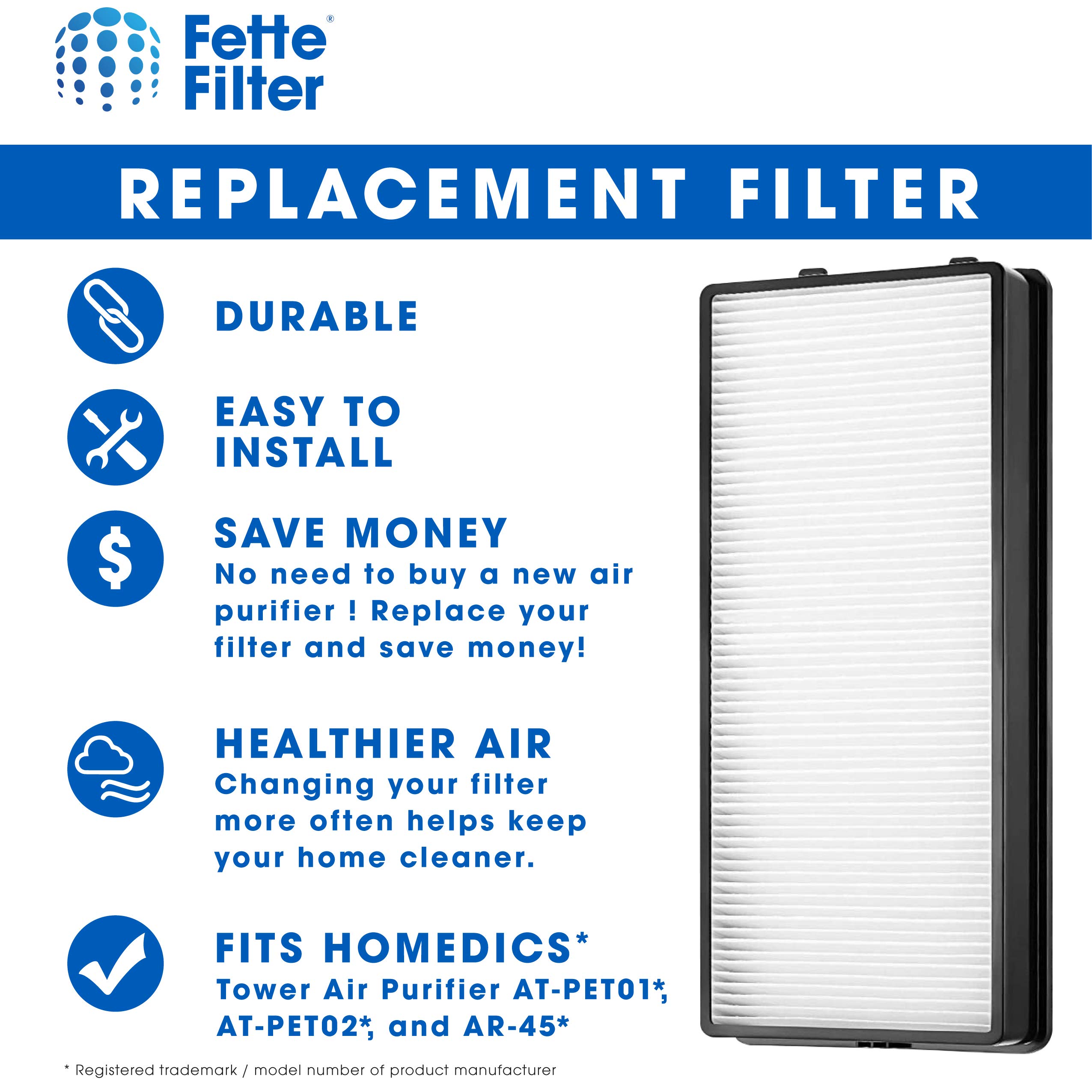 Fette Filter - at-OFL True Hepa Replacement Filter Compatible with HoMedics TotalClean True HEPA Tower Air Purifier Model AT-PET01 AT-PET02 and AR-45 Part Number at-OFL (Pack of 4)