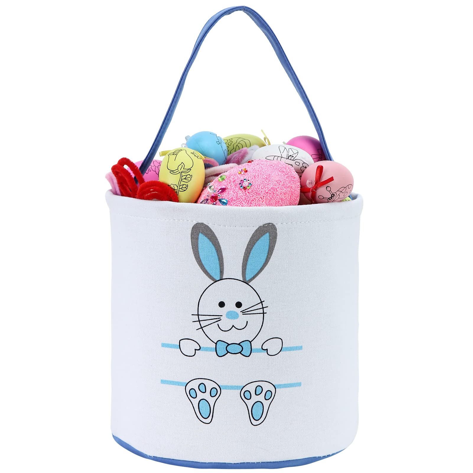 Easter Bunny Basket Egg Bags for Kids,Canvas Cotton Personalized Candy Egg Basket Rabbit Print Buckets with Fluffy Tail Gifts Bags for Easter……