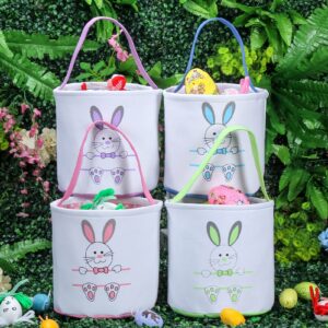 Easter Bunny Basket Egg Bags for Kids,Canvas Cotton Personalized Candy Egg Basket Rabbit Print Buckets with Fluffy Tail Gifts Bags for Easter……