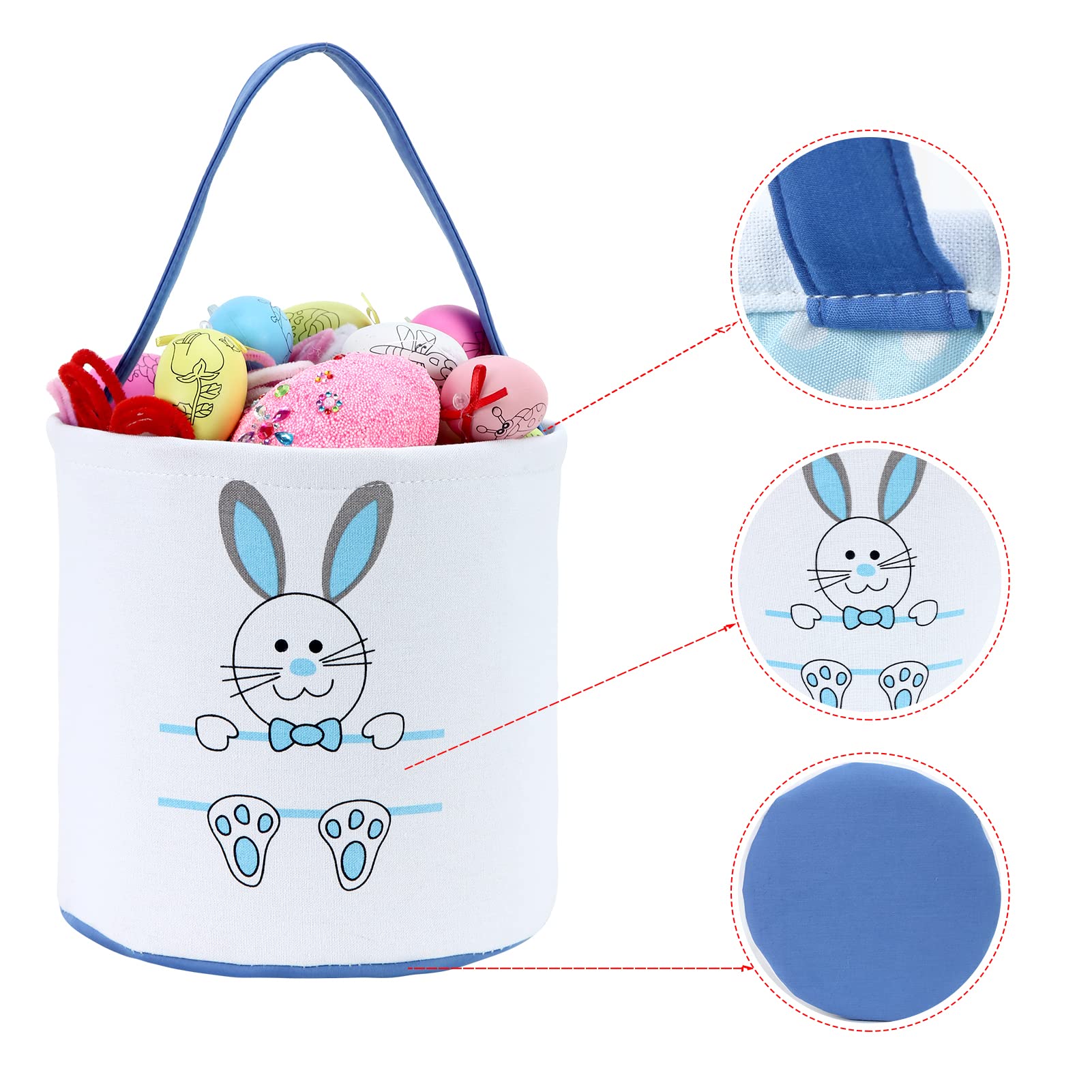 Easter Bunny Basket Egg Bags for Kids,Canvas Cotton Personalized Candy Egg Basket Rabbit Print Buckets with Fluffy Tail Gifts Bags for Easter……