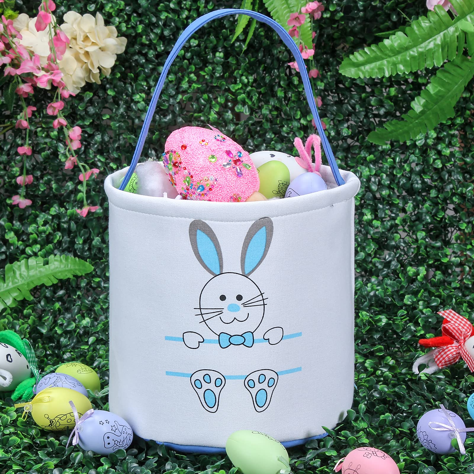 Easter Bunny Basket Egg Bags for Kids,Canvas Cotton Personalized Candy Egg Basket Rabbit Print Buckets with Fluffy Tail Gifts Bags for Easter……