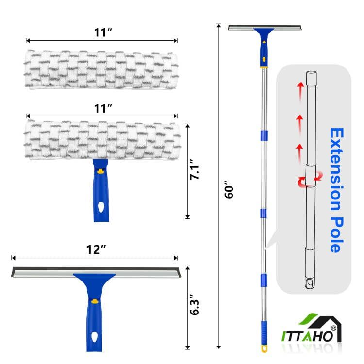 ITTAHO Squeegee for Window Cleaning,12" Squeegee and 11" Microfiber Scrubber Combi with Stainless Steel Pole,Extendable Window Cleaner for Car,Sliding Door,Shower Glass Door-Swivel Style-2 Pads